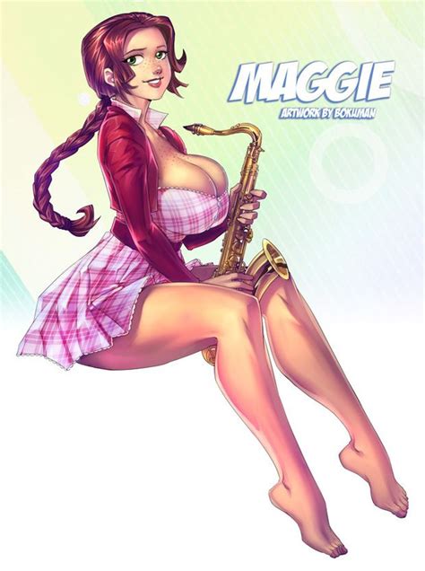 Busty Redhead Playing Saxophone Drawing Adm2720