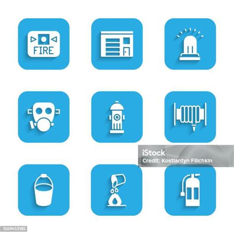 소화전 양동이 소화 화재 소화기 호스 릴 양동이 방독면 울리는 경보 벨 및 시스템 아이콘을 설정합니다 벡터 관 튜브에 대한 스톡