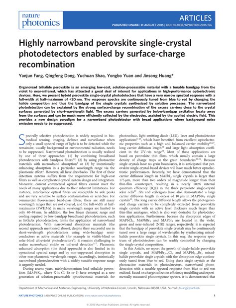 Pdf Highly Narrowband Perovskite Single Crystal Photodetectors