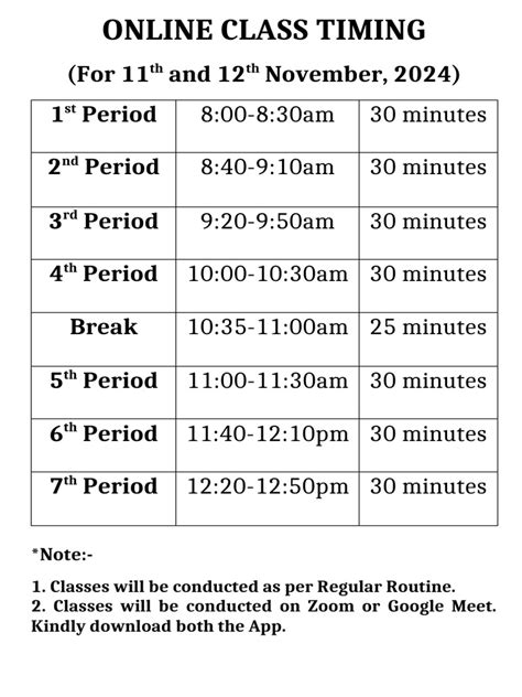 Online Class Timing Pdf