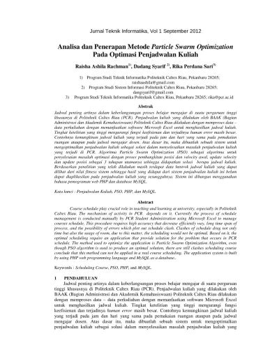 Analisa Dan Penerapan Metode Particle Swarm Optimization Pada Optimasi Penjadwalan Kuliah