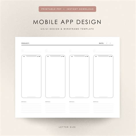 App Design Printable Sketchbook Mobile Ux Ui Wireframe Template Pdf Download Etsy