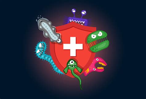 면역 체계 개념입니다 바이러스 세균과 세균 으로부터 보호 하는 위생적인 의료용 레드 쉴드 어두운 배경에 평면 벡터 일러스트 레이 션 개념에 대한 스톡 벡터 아트 및 기타