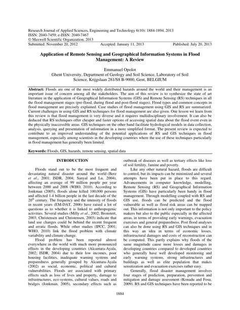 Pdf Application Of Remote Sensing And Geographical Information Systems In Flood Management A