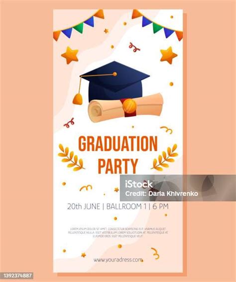 화환 스크립트 및 모자가있는 졸업 파티 수직 배너 벡터 레이아웃 초대 템플릿입니다 학위 수여식 초대 학생 인사말 디자인 졸업식에 대한 스톡 벡터 아트 및 기타 이미지