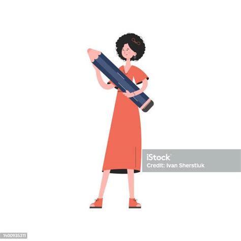 세련된 소녀는 큰 연필을 들고 완전히 성장합니다 격리 프리젠 테이션 사이트를위한 요소 개념에 대한 스톡 벡터 아트 및 기타 이미지 Istock