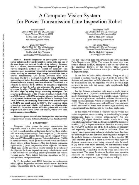 A Computer Vision System For Power Transmission Line Inspection Robot 科研通 Pdf