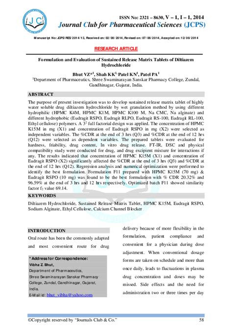 Pdf Formulation And Evaluation Of Sustained Release Matrix Tablets Of Diltiazem Hydrochloride