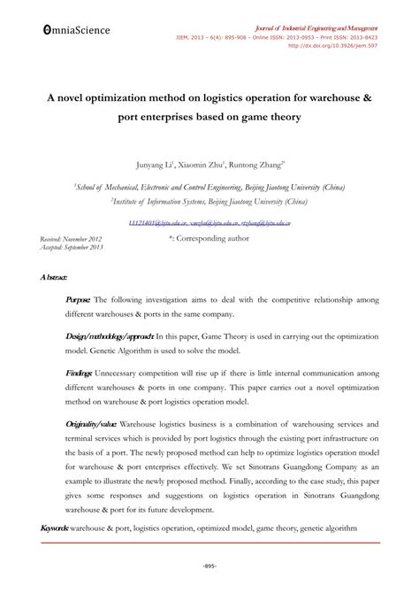 Pdf A Novel Optimization Method On Logistics Operation For Warehouse
