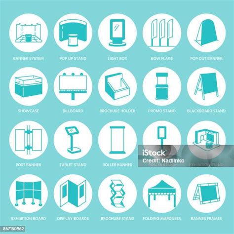 전시회 배너 광고 스탠드 디스플레이 플랫 라인 아이콘 브로슈어 홀더 보드 활 깃발 빌보드 접는 윤곽 및 기타 프로 모션 디자인 요소에 팝업 무역 객체 실루엣 박람회에 대한