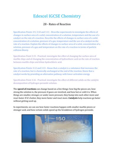 Edexcel Igcse Chemistry Worksheet 28 Rates Of Reaction Teaching Resources