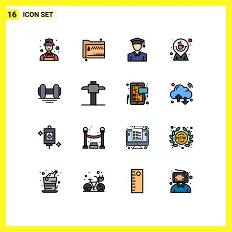 16 Universal Flat Color Filled Line Signs Symbols Of Dumbbell Location Zip Direction Coffee