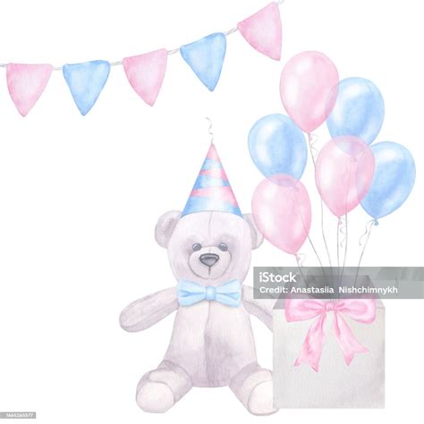 엽서 테디베어에는 파란색 분홍색 풍선 활 깃발이 있습니다 갓 태어난 여자 아이를 위해 손으로 그린 수채화 그림은 흰색 배경에 분리되어 있다 성별 공개 파티 베이비 샤워