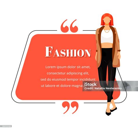 패션 디자이너 플랫 컬러 벡터 캐릭터 따옴표 성공적인 여성 스타일 아이콘입니다 트렌드세터와 영향력있는 사람 인용 빈 프레임 템플릿 음성 거품 견적 빈 텍스트 상자 디자인
