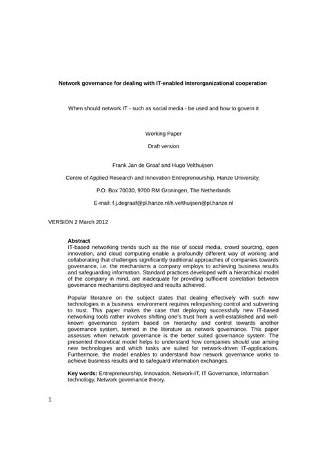 Pdf Network Governance For Dealing With It Enabled Interorganizational Cooperation Whenshould