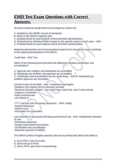 Emd Test Exam Questions With Correct Answers Exams Community
