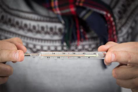 Mercury Thermometer In Man Hands Stock Photo Image Of Celsius Heat