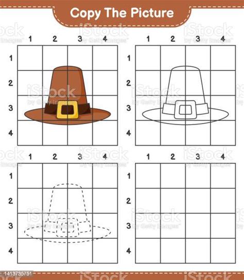 사진을 복사하고 그리드 라인을 사용하여 Hat의 그림을 복사하십시오 교육 어린이 게임 인쇄 가능한 워크 시트 벡터 일러스트 레이 션 0명에 대한 스톡 벡터 아트 및 기타