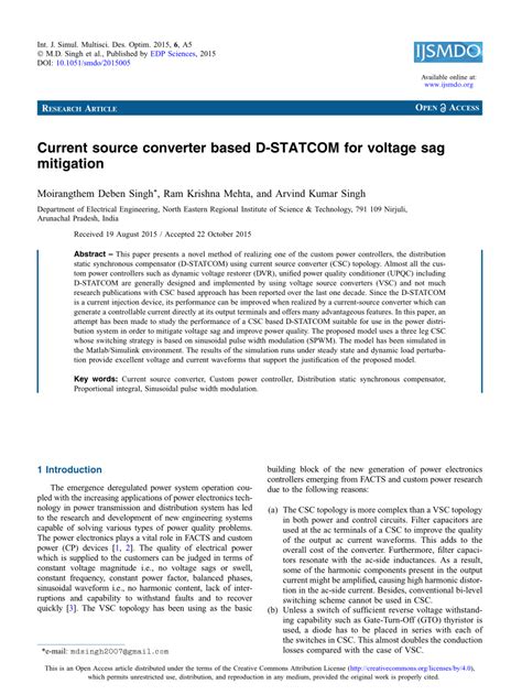 Pdf Current Source Converter Based D Statcom For Voltage Sag Mitigation
