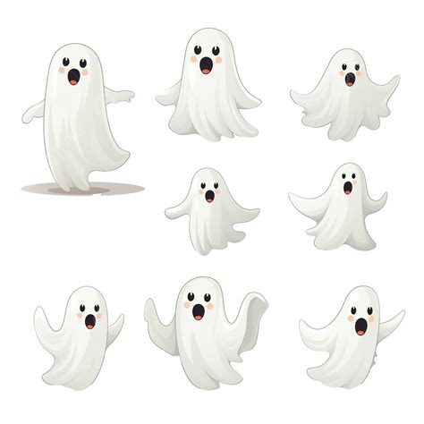 Cute Halloween Ghost Set In Different Poses White Flying Spooky Ghost Silhouette Isolated
