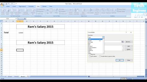 Use Consolidate Function To Add 2 Sheets Data In Ms Excel Youtube