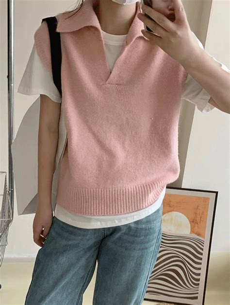 패션 바이 카카오 하블린 카라 니트 베스트 가을 간절기 겨울 크롭 숏 무지 루즈핏 기본 베이직 울