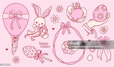 귀여운 토끼 달걀 풍선 리본과 데이지로 장식된 과자로 구성된 핑크 해피 부활절 세트 트렌디 한 빈티지 요염 윤곽 벡터 일러스트 레이 션은 배경 손으로 그린 평면 디자인에