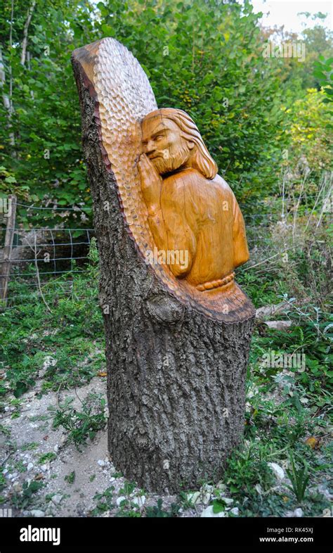 Sculpture Carved In A Tree Trunk In Woodland Kent UK Stock Photo Alamy