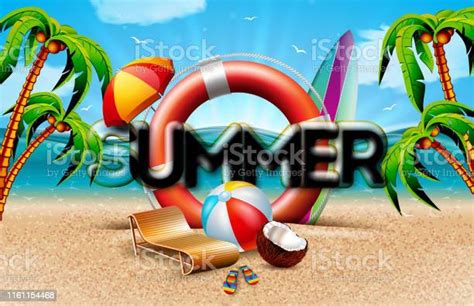 바다 풍경 배경에 구명 벨트와 이국적인 야자수 와 벡터 여름 휴가 그림 배너 전단지 초대장 브로셔 포스터 또는 인사말 카드에 대한 코코넛 비치 볼과 선쉐이드 갈매기에 대한