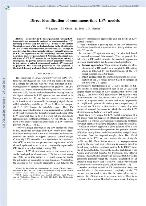 Pdf Direct Identification Of Continuous Time Lpv Models