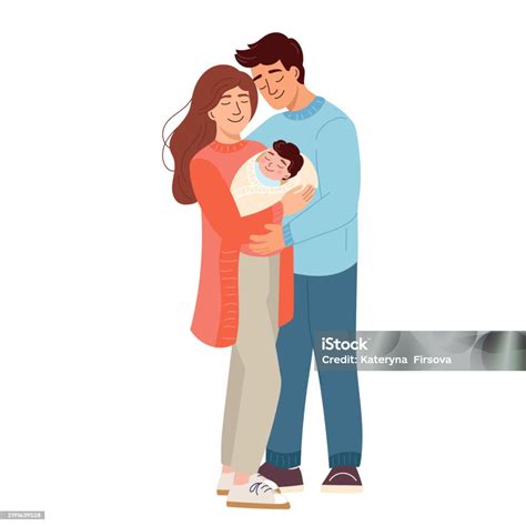 부모 포옹 신생아 행복한 가족과 어린 시절 개념 젊은 웃는 부모 어머니와 아버지 서서 손에 유아 신생아 사랑을 느끼고 있습니다 고립 된 평면 벡터 일러스트 레이 션 가족에