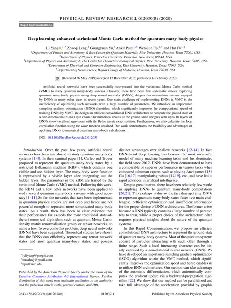 Pdf Deep Learning Enhanced Variational Monte Carlo Method For Quantum Many Body Physics