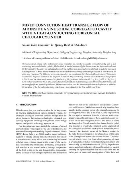 Pdf Mixed Convection Heat Transfer Flow Of Air Inside A Sinusoidal