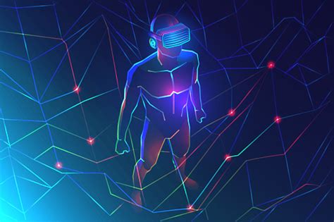 가상 현실 모험 다각형 형태의 추상적 인 디지털 세계에서 Vr 헤드셋을 착용 한 남자 벡터 일러스트 레이 션 비디오 게임에 대한