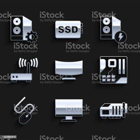 컴퓨터 모니터 화면 비디오 그래픽 카드 마더보드 디지털 칩 마우스 라우터 및 Wifi 신호 컴퓨터 케이스 및 아이콘을 설정합니다 벡터 Cpu에 대한 스톡 벡터 아트 및 기타