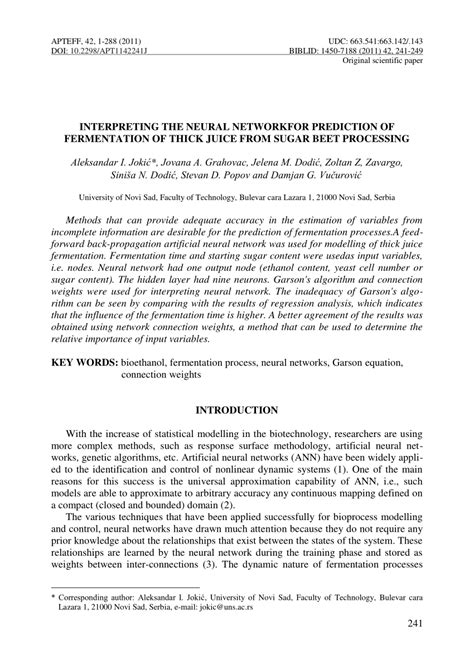 Pdf Interpreting The Neural Networkfor Prediction Of Fermentation Of