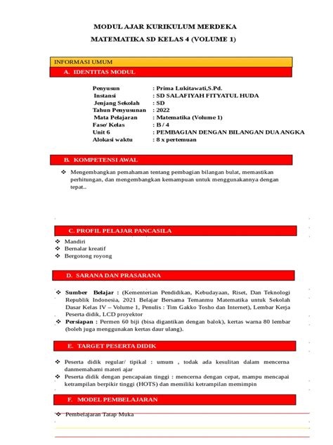 Modul Ajar Pembagian Dua Angka Pdf