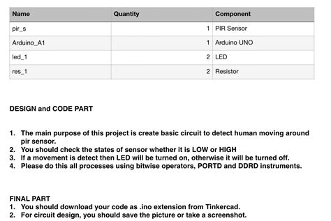Solved Name Quantity Component Pir S PIR Sensor Arduino A Chegg Com