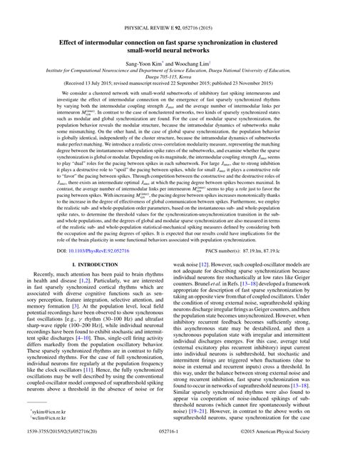 Pdf Effect Of Inter Modular Connection On Fast Sparse Synchronization In Clustered Small World