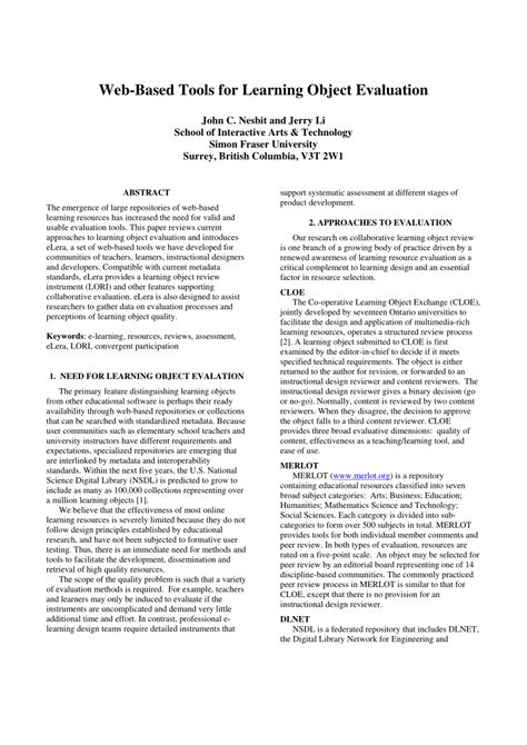 Pdf Web Based Tools For Learning Object Evaluation