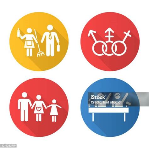 Kesetaraan Gender Desain Datar Bayangan Panjang Glyph Ikon Diatur Hak