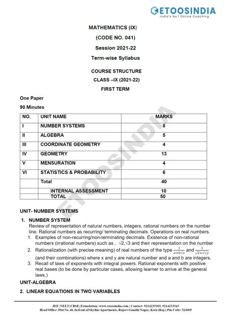 Cbse Class 9 Maths Syllabus 2023 Pdf Download Etoosindia
