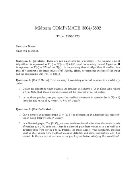 Midterm Exam 2011 Questions Midterm Compmath 38045802 Time 1305