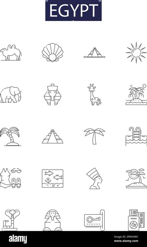 Egypt Line Vector Icons And Signs Pyramids Pharaohs Nile Cairo Giza Isis Thutmose