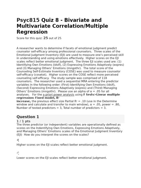 Psyc815 Quiz 8 Bivariate And Multivariate Correlation Multiple