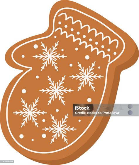 진저 브레드 미트가있는 축제 쿠키 장식과 눈송이가있는 장갑 모양의 쿠키 새해 복 많이 받으세요 메리 크리스마스새해와 크리스마스를 축하합니다 벡터 일러스트 레이 션 갈색에