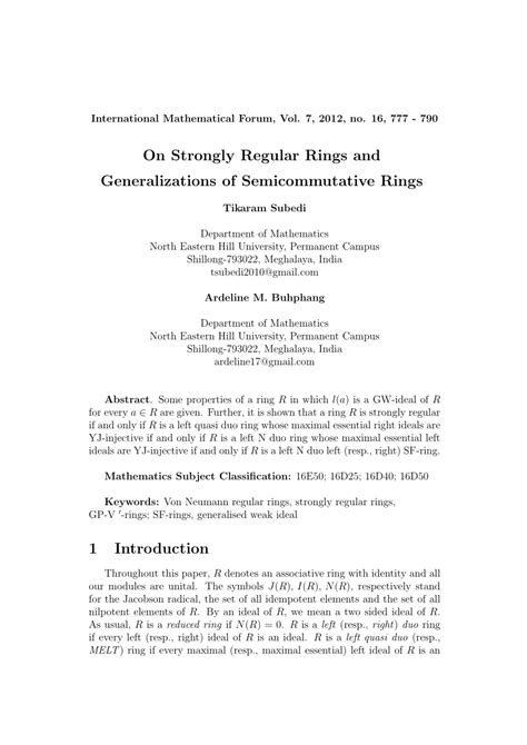 Pdf On Strongly Regular Rings And Generalizations Of Semicommutative Rings