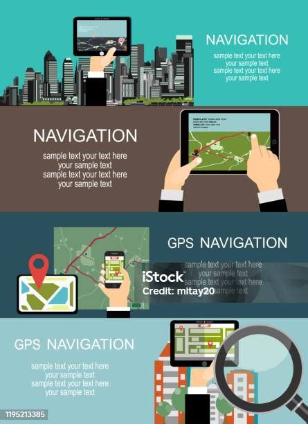 Gps 네비게이션의 집합입니다 웹 사이트 또는 인포 그래픽 모바일 네비게이션 Gps 시스템을위한 웹 배너 템플릿의 평면 스타일 디자인 개념에 대한 스톡 벡터 아트 및 기타