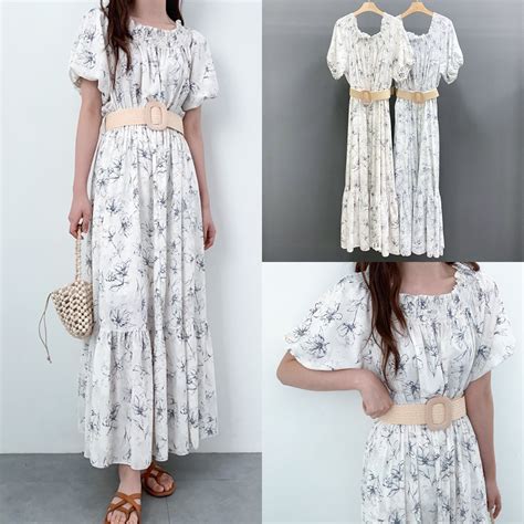 55 77사이즈 빅사이즈 여성 루즈핏 여름 쉬폰 반팔 스퀘어넥 벨트 플라워 롱원피스