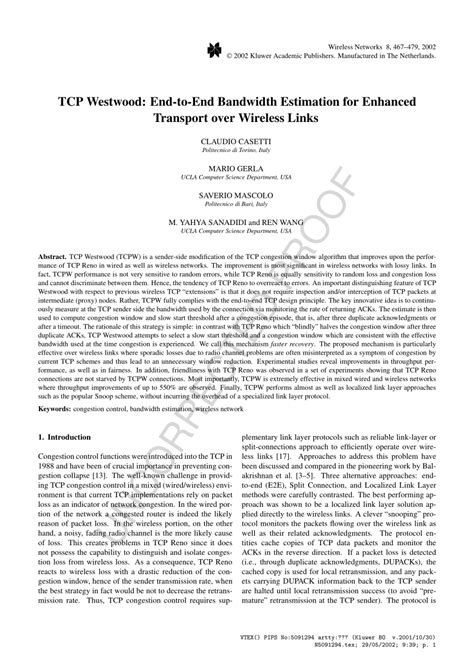 Pdf Tcp Westwood End To End Bandwidth Estimation For Efficient Transport Over Wired And